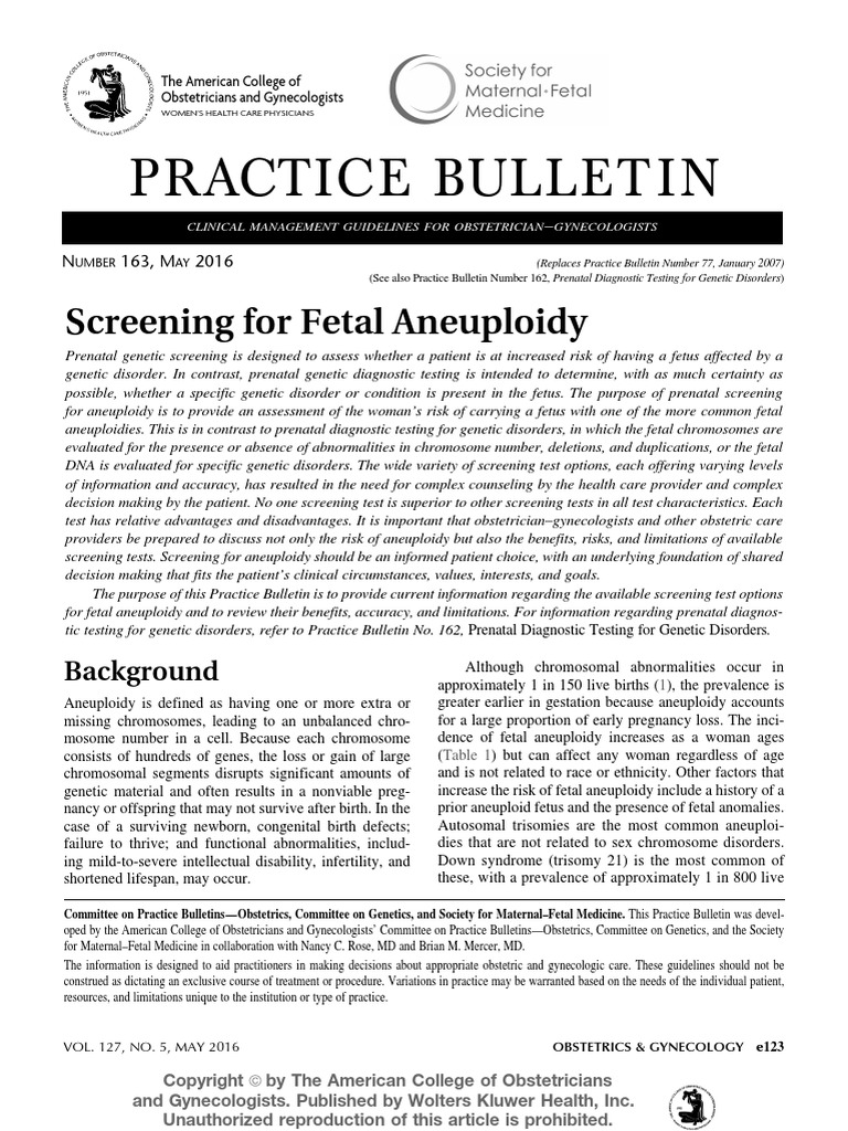 ACOG Practice Bulletin No163 | PDF | Down Syndrome | Medical Ultrasound