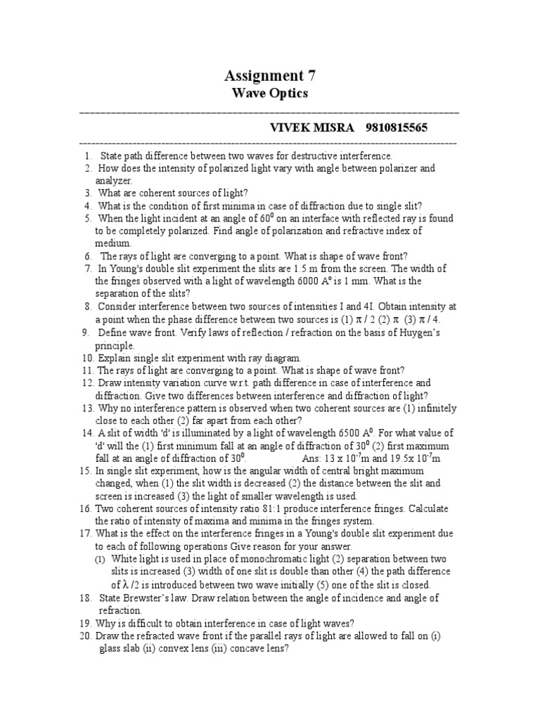Wave Optics Assignment Pdf Diffraction Interference Wave