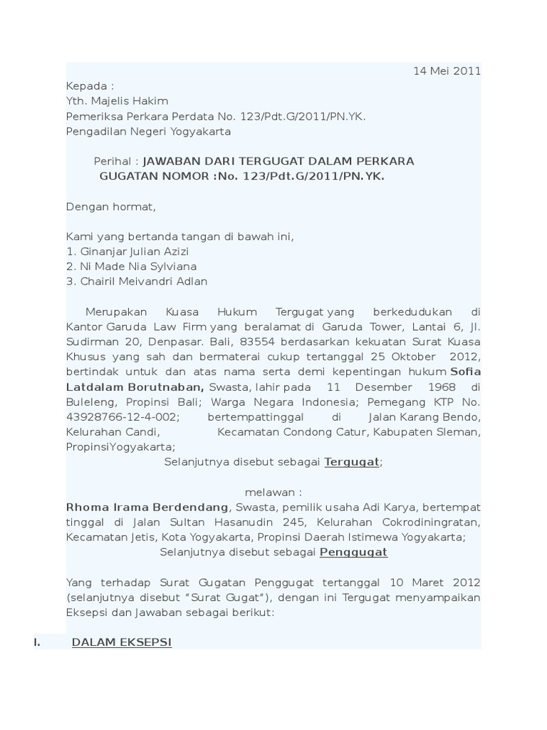 Contoh Jawaban Gugatan - Perumperindo.co.id