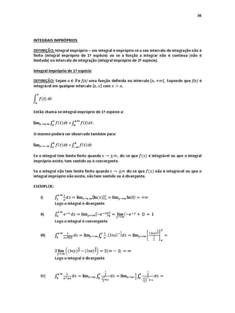 Definição e Exemplos de Integrais Impróprios | PDF | Limite (Matemática ...