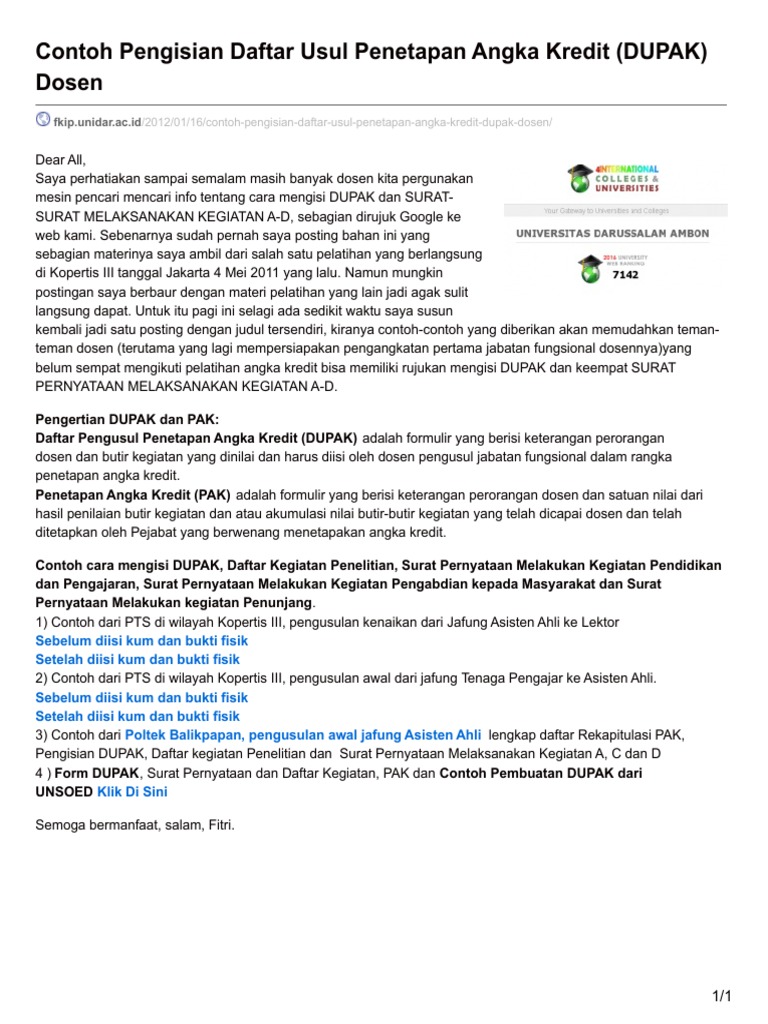 Contoh Pengisian Daftar Usul Penetapan Angka Kredit DUPAK Dosen | PDF