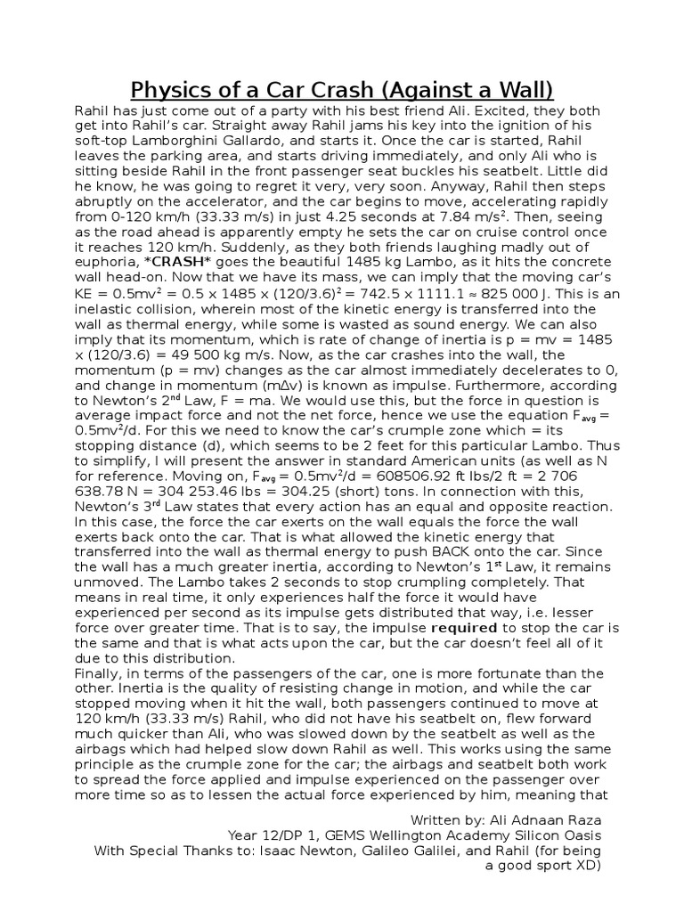 Physics of A Car Crash Ali Adnaan Raza (ME) | PDF | Newton's Laws Of ...