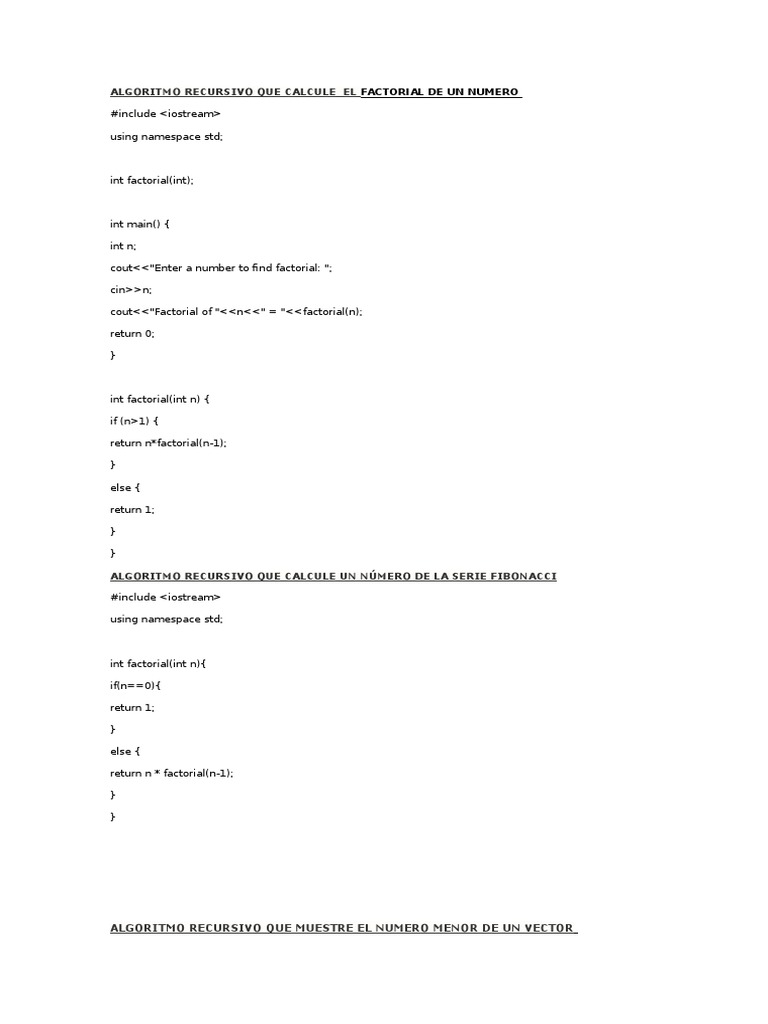Algoritmo Recursivo Que Calcule El Factorial de Un Numero | PDF ...