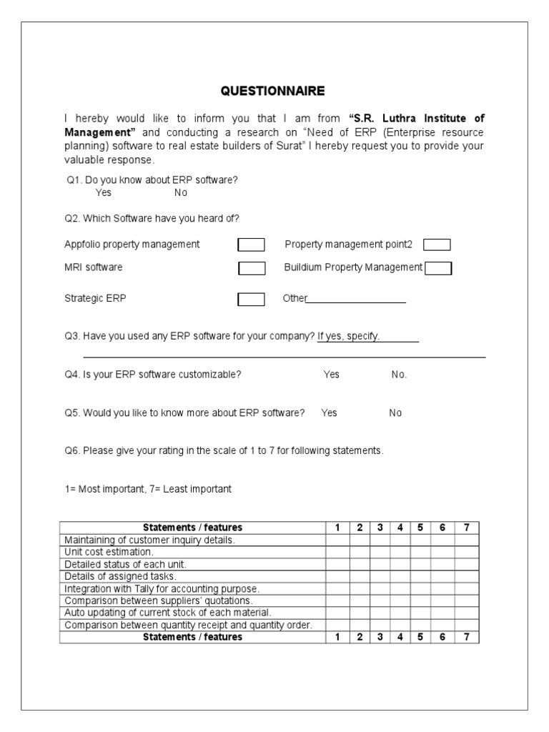 Questionnaire: Management" and Conducting A Research On "Need of ERP ...