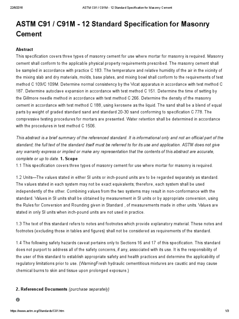 ASTM C91 Abstract | PDF | Mortar (Masonry) | Lime (Material)