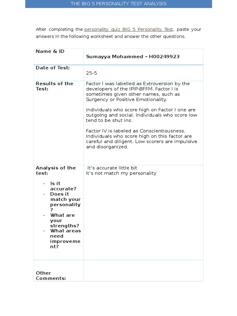 Big 5 Personality Test Worksheet | PDF