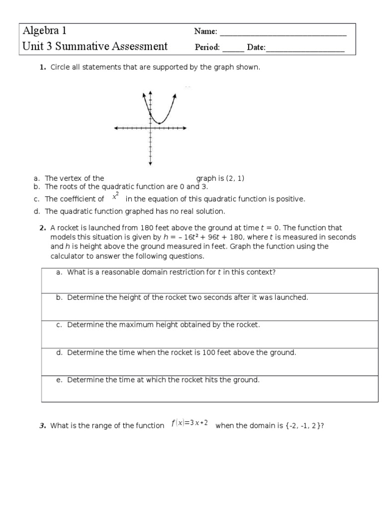 Unit 3 Summative Assessment | PDF | Quadratic Equation | Function ...