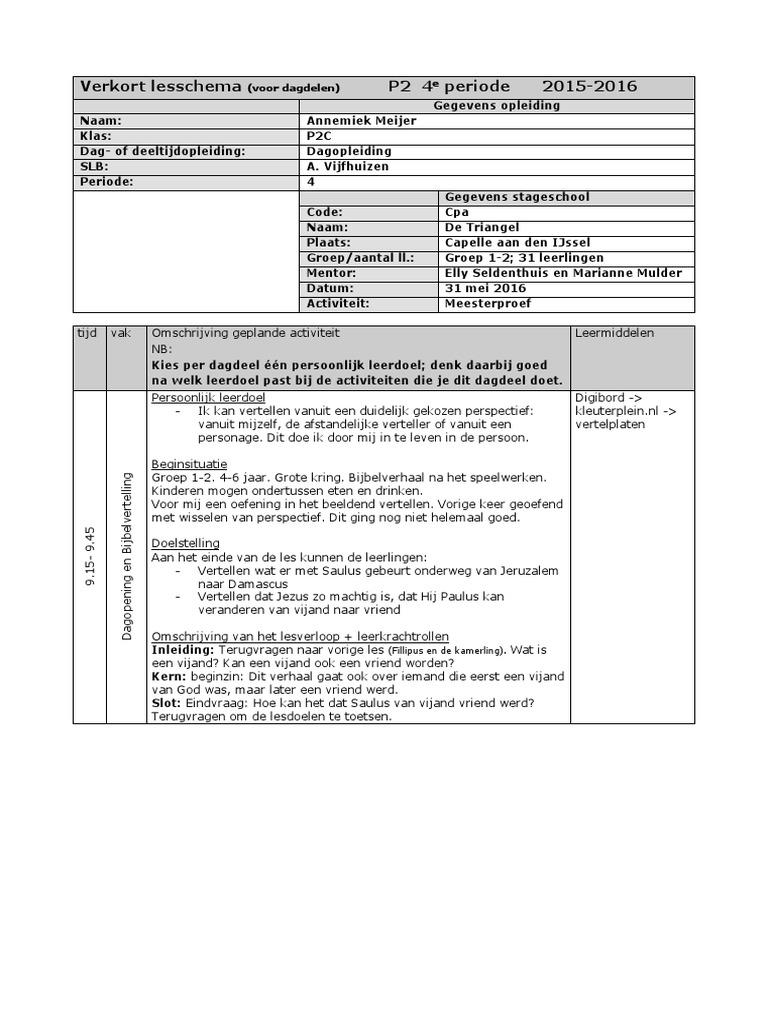 Verkort Lesschema Dagdeel 4e Periode | PDF