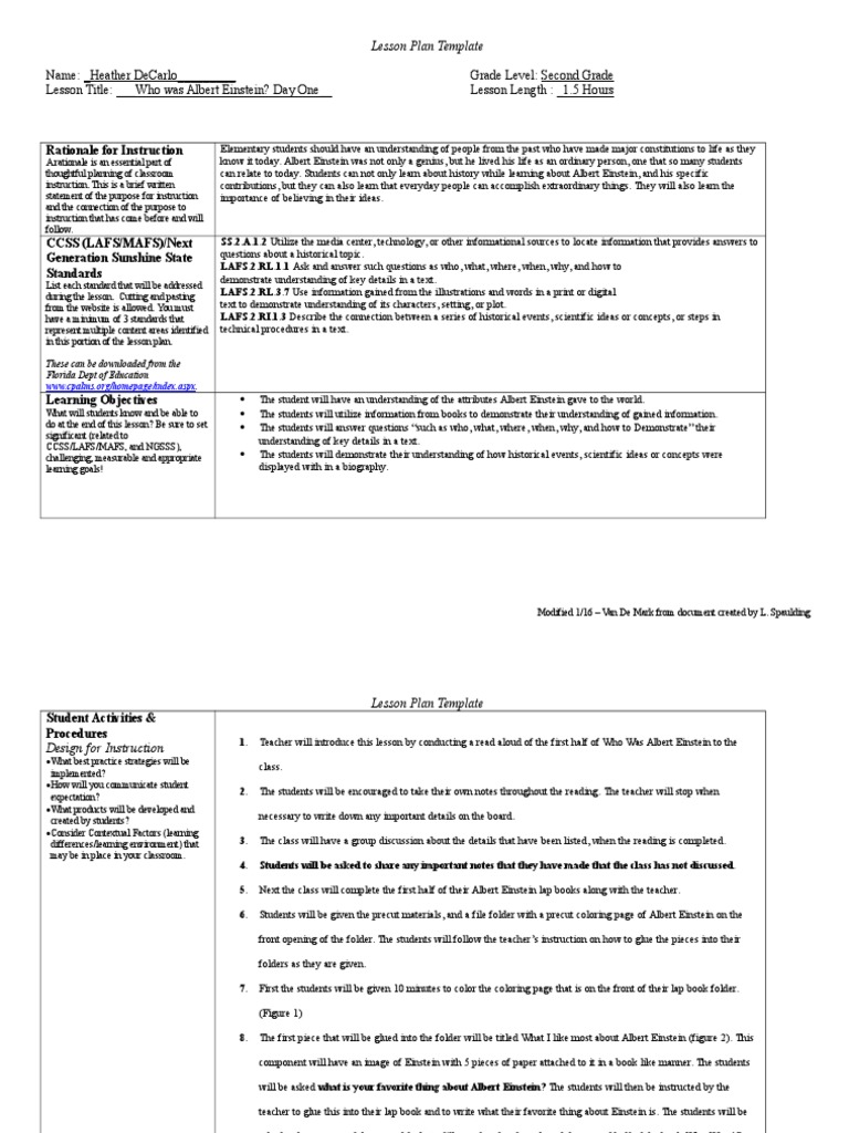 Albert Einstein Lesson Plan for 2nd Grade | PDF | Lesson Plan | Teaching
