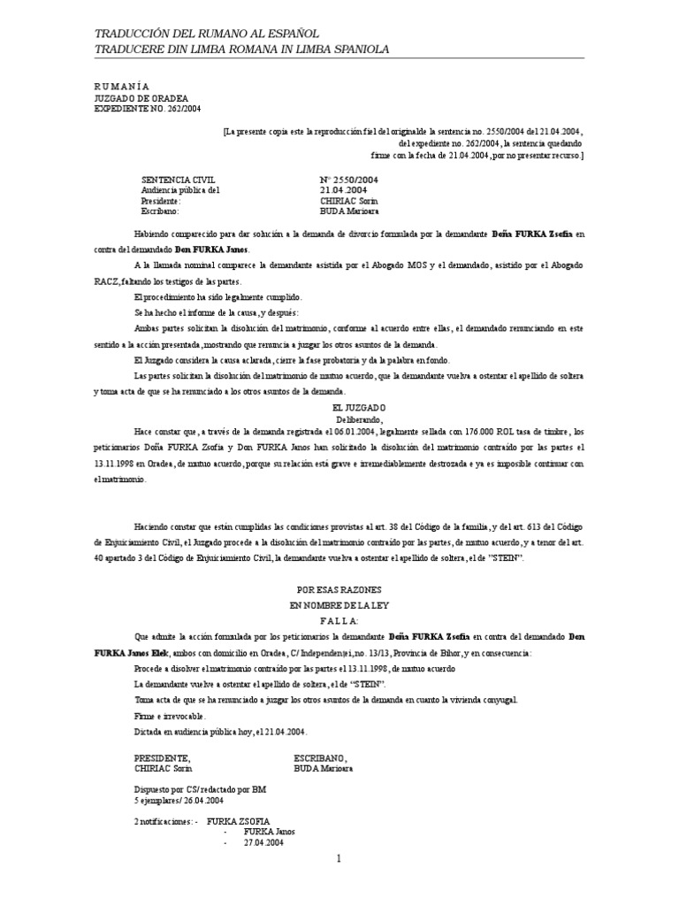 Sentinta Divort Furka Zsofia ORADEA 2004.doc - 0 | PDF | Matrimonio ...