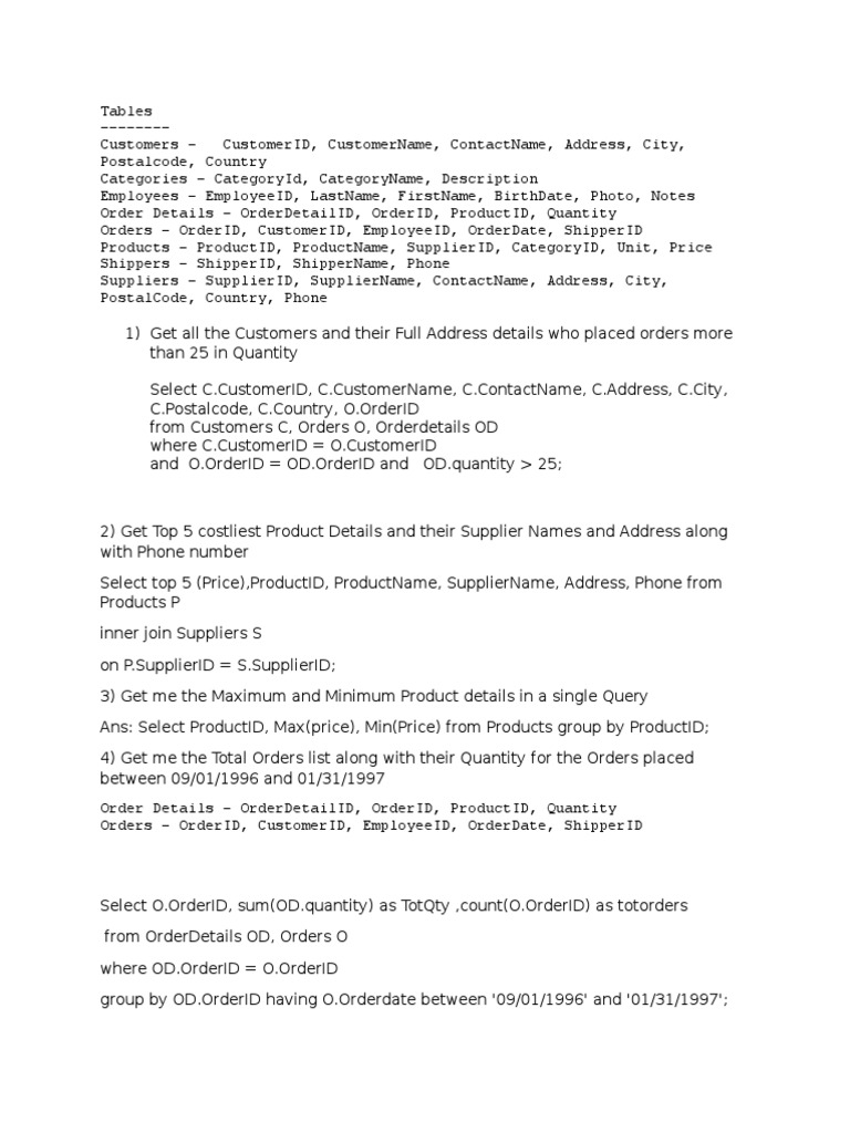 Customers orders products details queries | PDF | Data Management | Databases