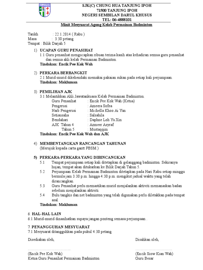 Minit Mesyuarat Badminton | PDF