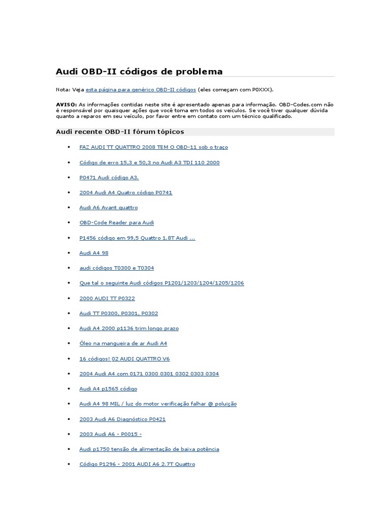 Códigos OBD-II para Veículos Audi | PDF | Turbocompressor | Rede elétrica