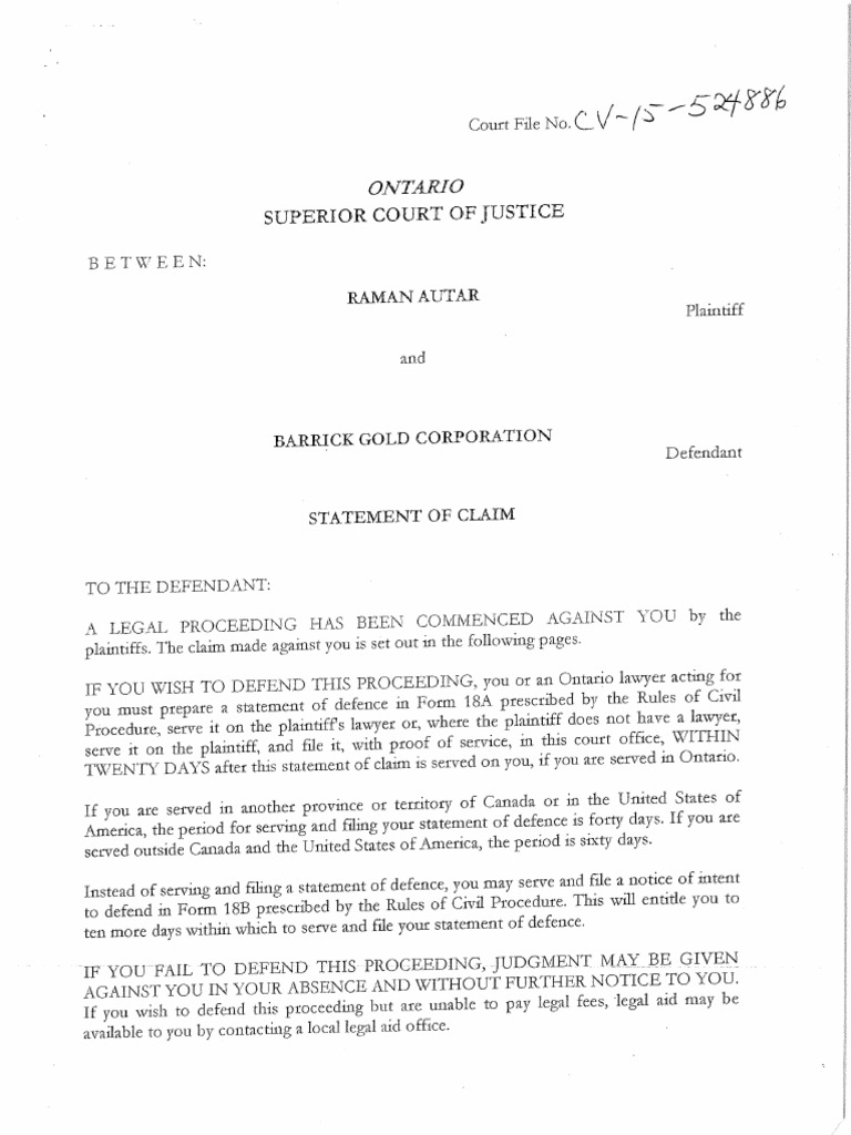 Statement of Claim From Raman Autar | PDF