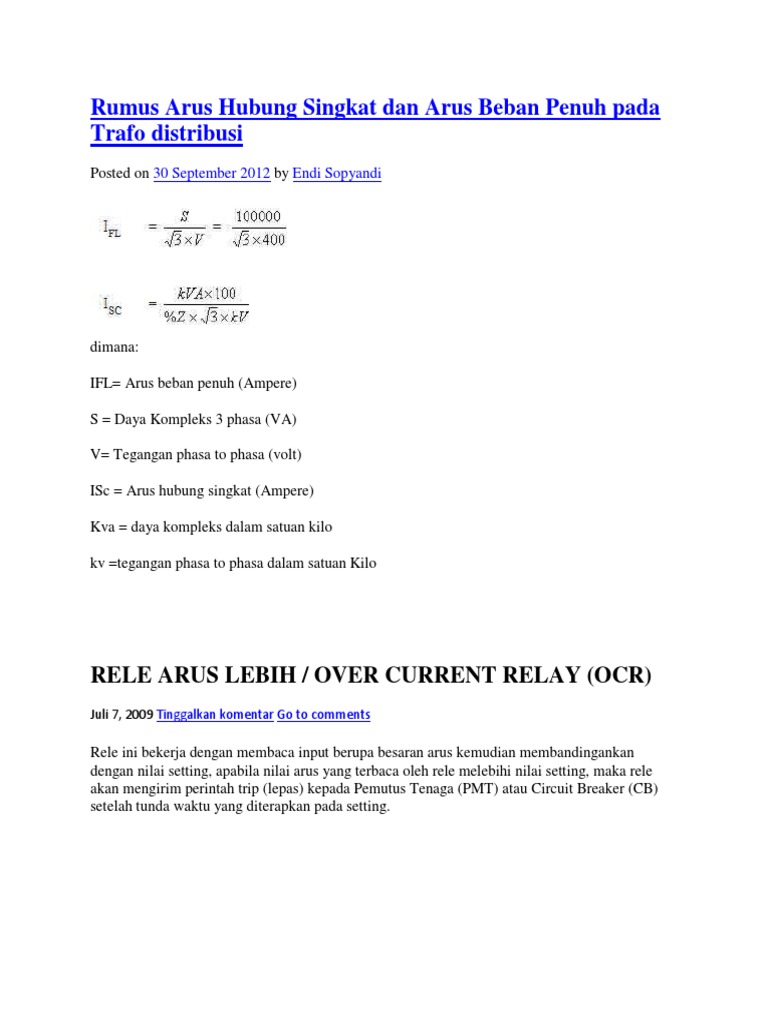 Rumus Arus Hubung Singkat Dan Arus Beban Penuh Pada Trafo | PDF