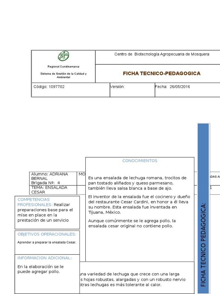 Ficha Tecnica de Ensalada Cesar | PDF | ensalada | Alimentos