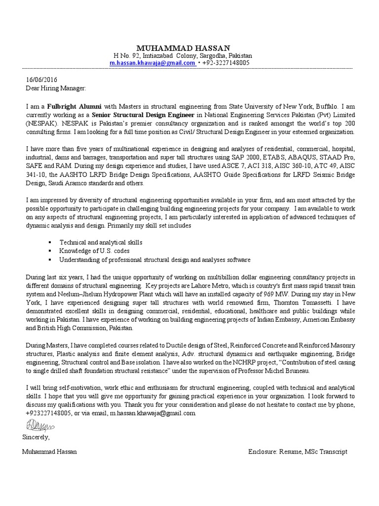 Cover Letter | PDF | Engineer | Structural Engineering