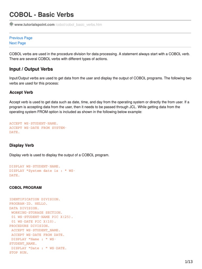 COBOL - Basic Verbs PDF | PDF