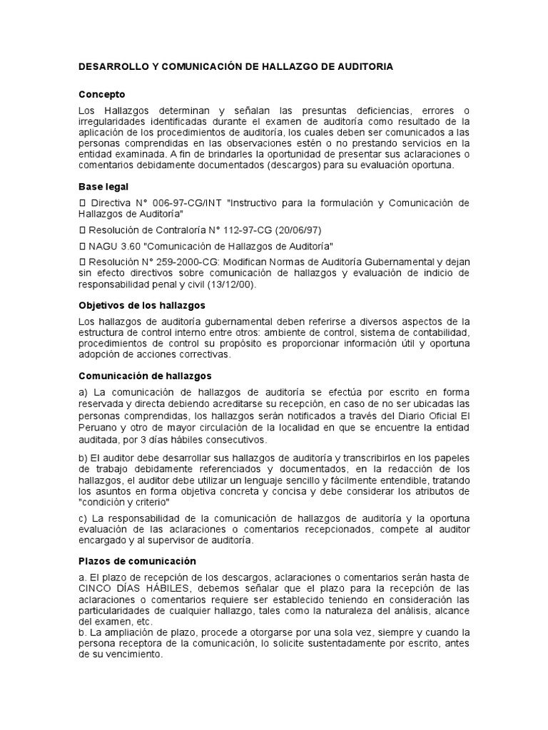 Desarrollo y Comunicación de Hallazgo de Auditoria | PDF | Auditoría financiera | Contralor
