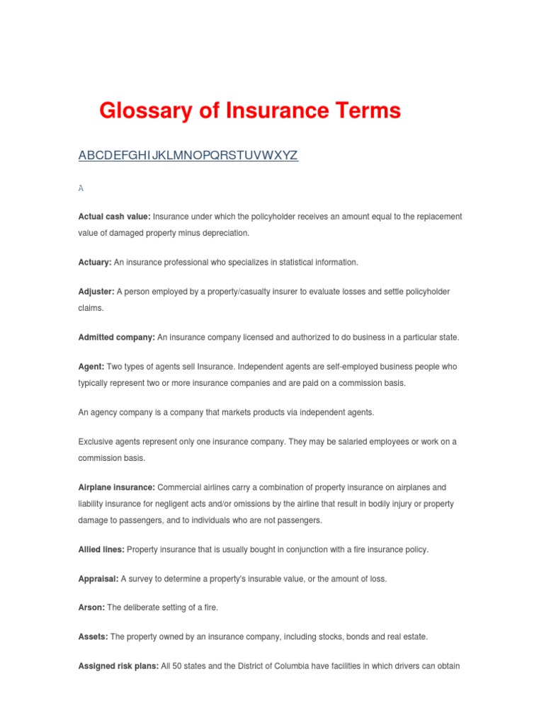 Glossary of Insurance Terms: Abcdefghijklmnopqrstuvwxyz | PDF | Home ...