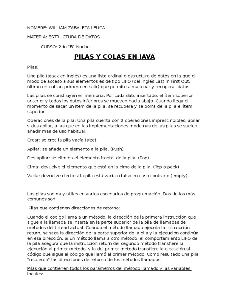 Pilas y Colas en Java: Conceptos Clave | PDF | Cola (tipo de datos abstractos) | Algoritmos y ...