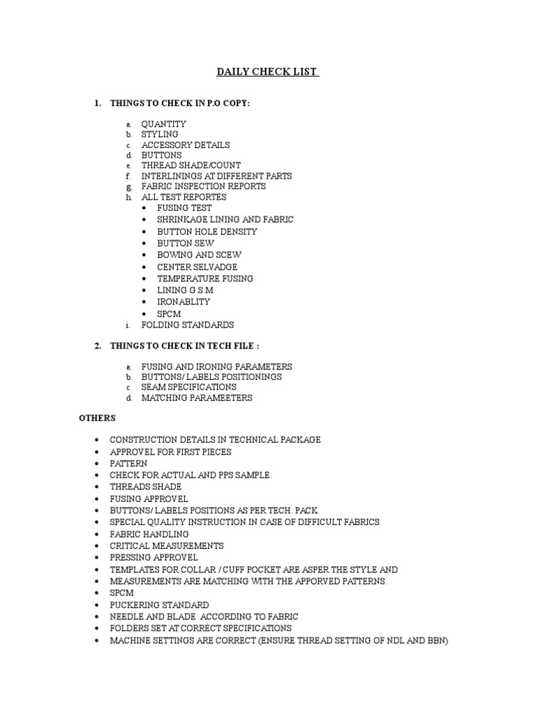 Daily Garment Quality Checklist | PDF | Science & Mathematics | Computers