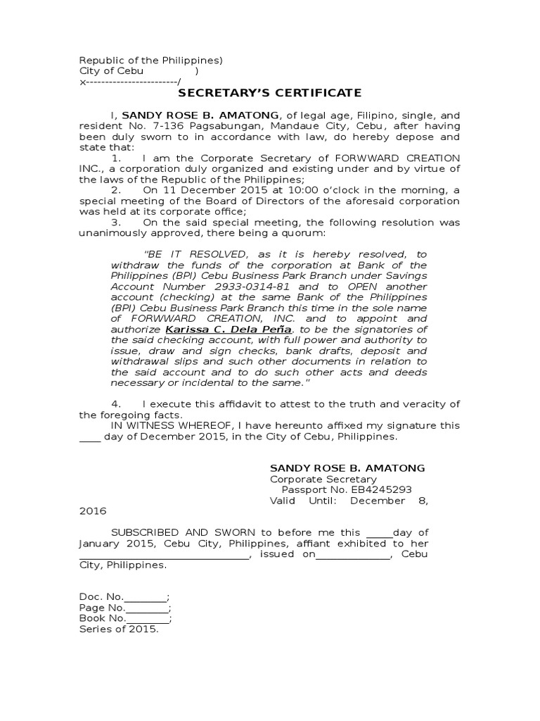 Secretary Certificate To Open Account-1 | PDF