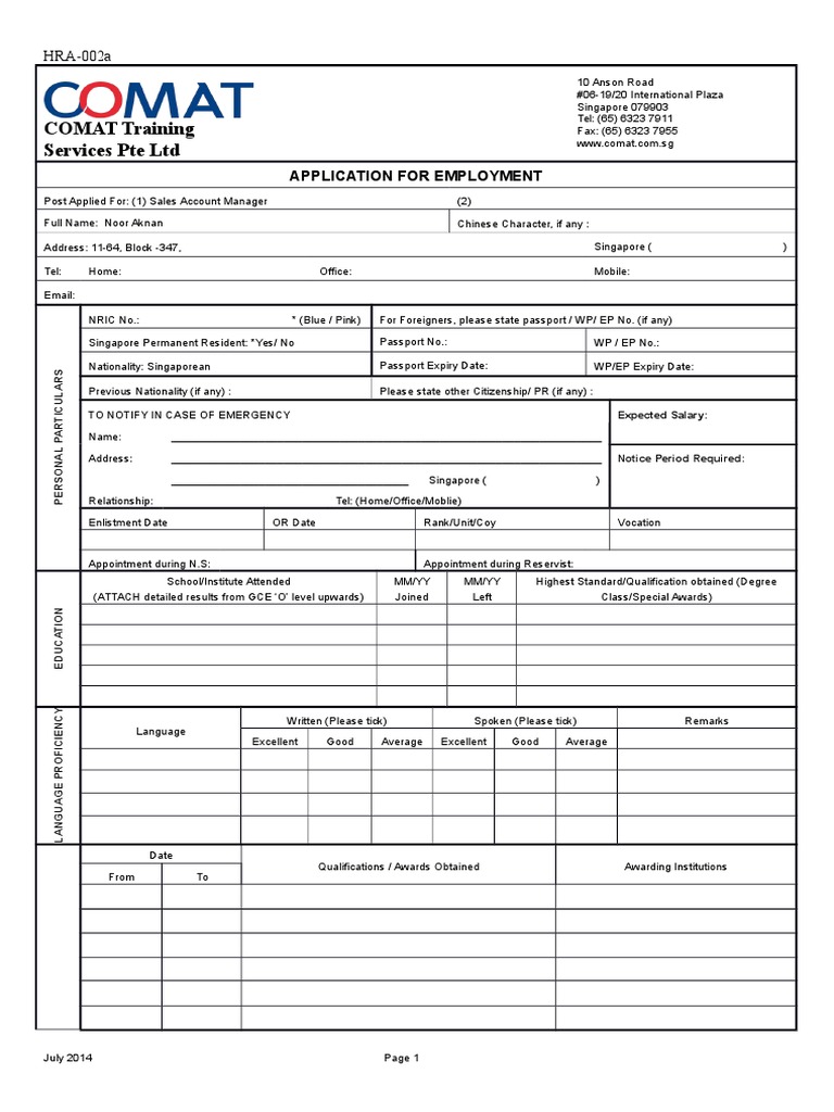 Singapore Job Application Form | PDF | Personally Identifiable ...