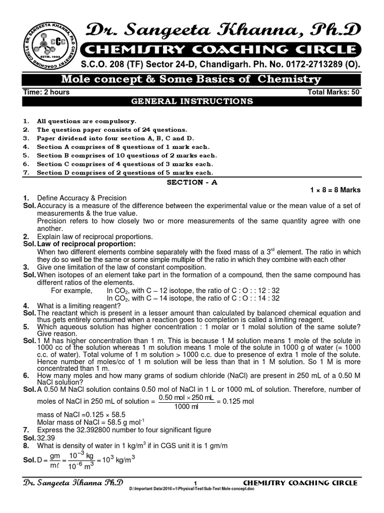Sub Test Mole Concept PDF | PDF | Redox | Mole (Unit)