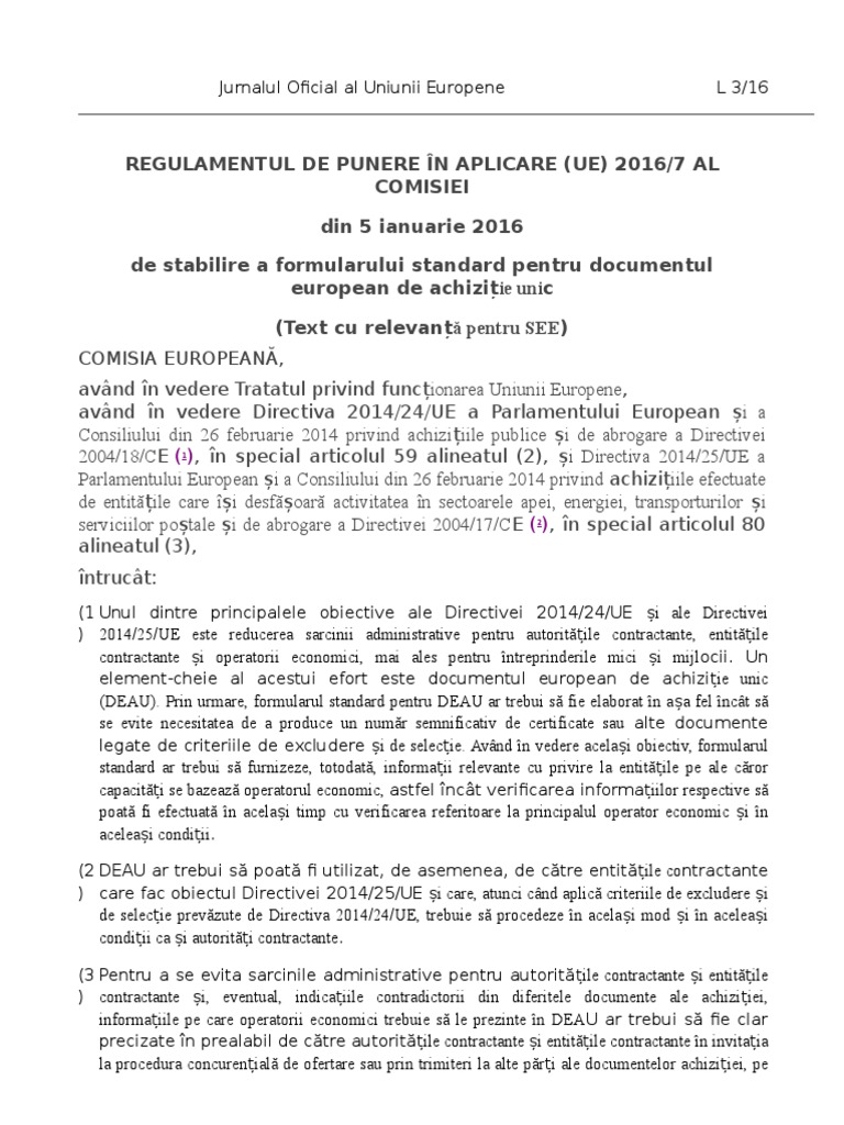 Regulament Documentul European de Achizitie Unic DEAU | PDF