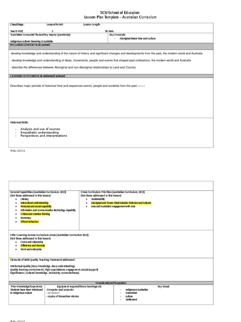 SCU School of Education Lesson Plan Template - Australian Curriculum ...