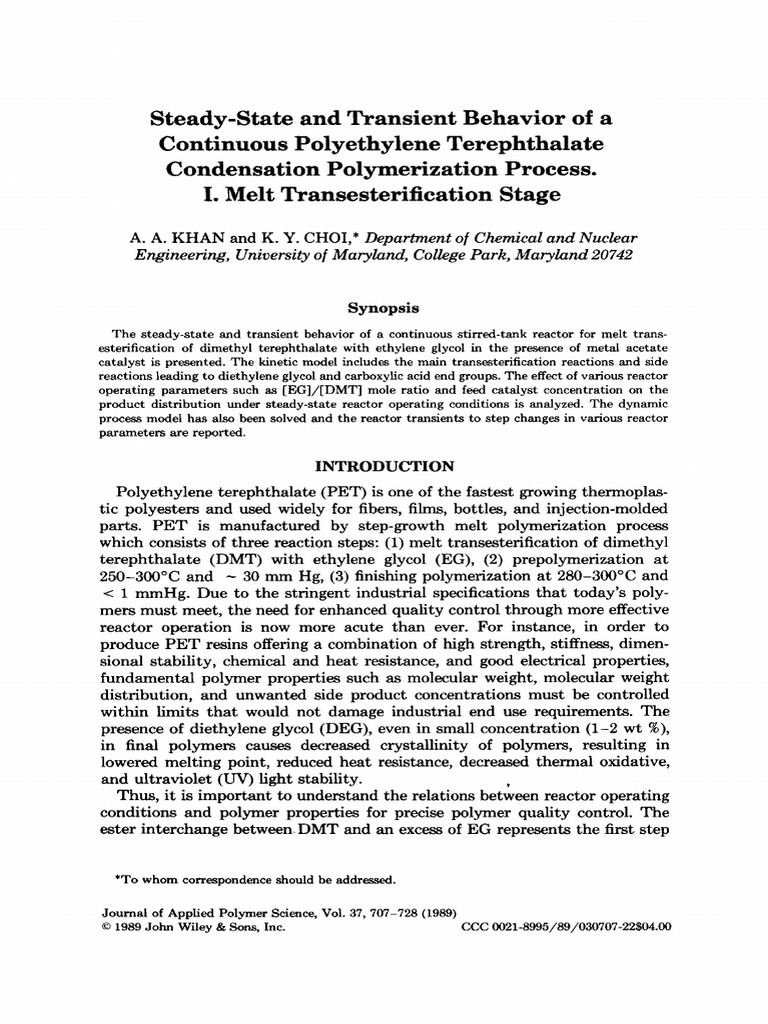 Steady State and Transient Behaviour of Continuous PET Condensation | PDF | Chemical Reactor ...