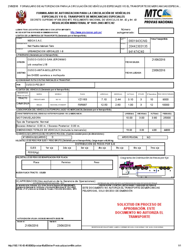 Solicitud de autorización para el transporte de vehículos y mercancías ...