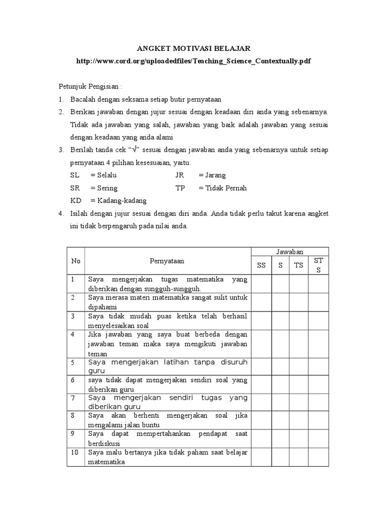 Angket Motivasi Belajar | PDF | Seni & Disiplin Bahasa | Pengembangan Diri