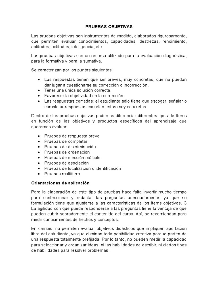 Características y tipos de pruebas objetivas, así como sus ventajas y desventajas | PDF