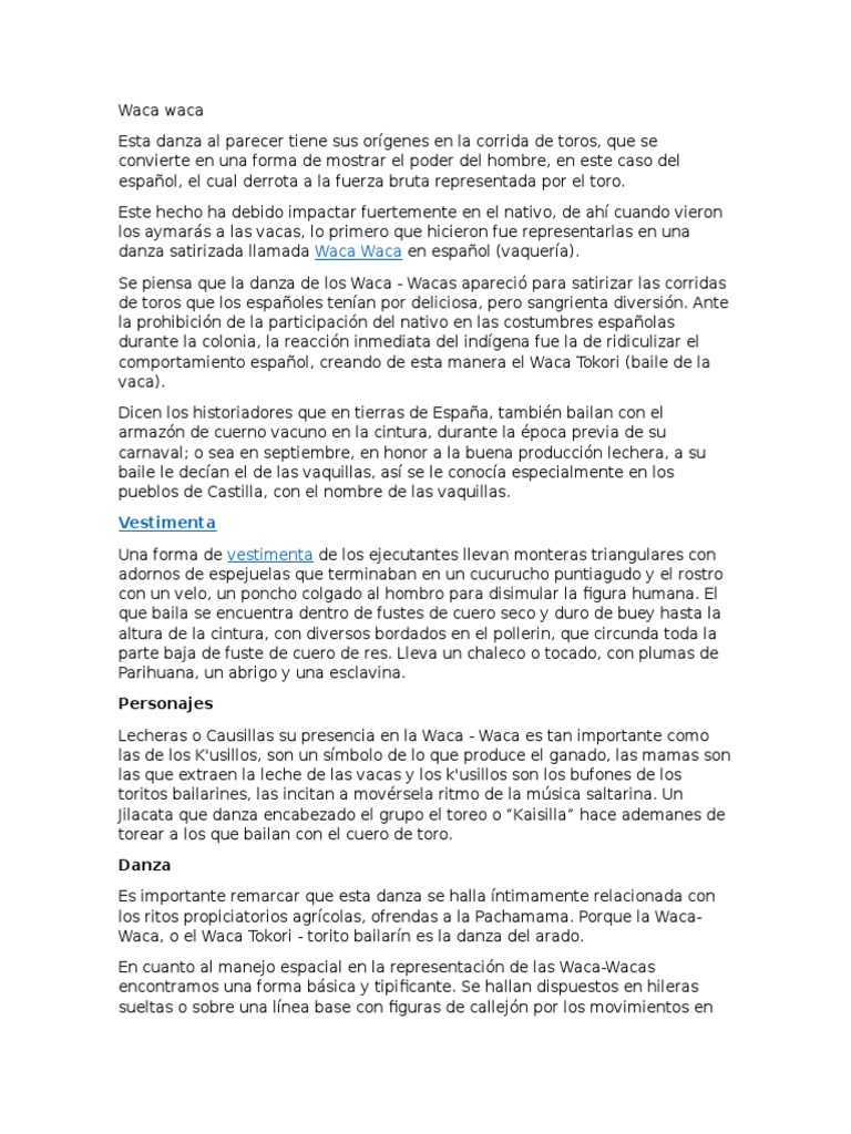 Historia y vestimenta de la danza Waca Waca | PDF | Vacas | Carnaval