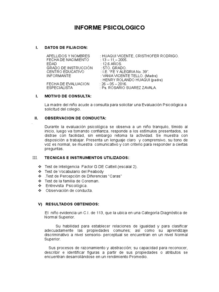 Informe Psicologico de Cris | PDF | Cociente de inteligencia | Aprendizaje