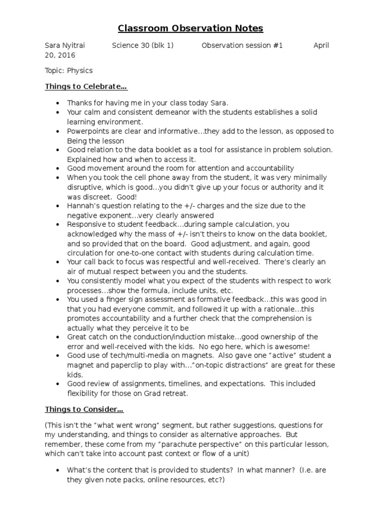Classroom Observation Notes - Nyitrai 1 | PDF | Psychology | Communication