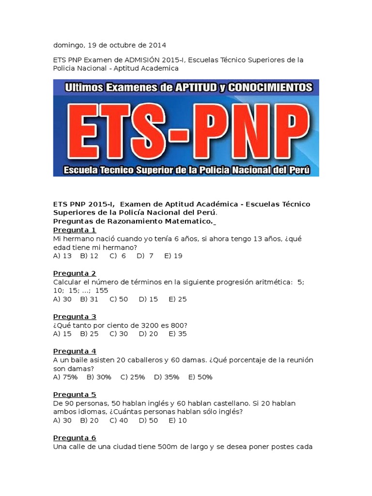Examen de Admisión ETS PNP 2015-I | PDF | Crecimiento personal y ...