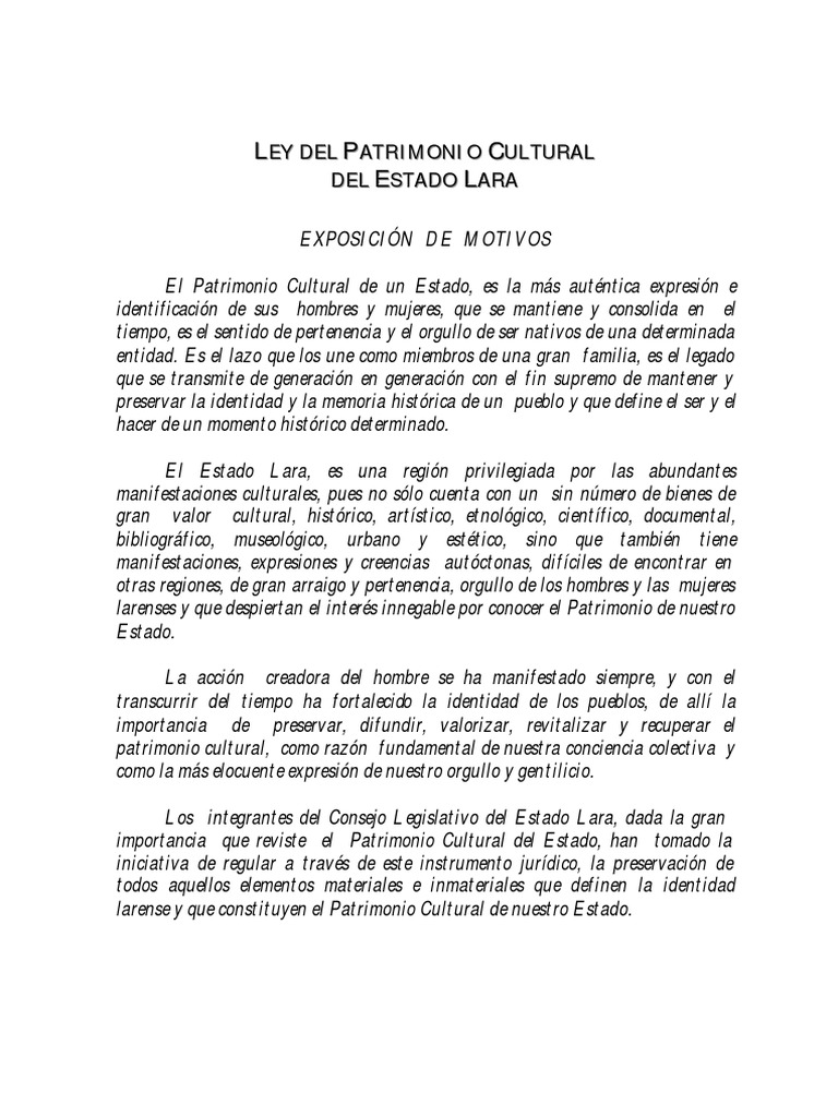Ley Del Patrimonio Cultural Del Estado Lara | Descargar gratis PDF | Patrimonio cultural | Propiedad