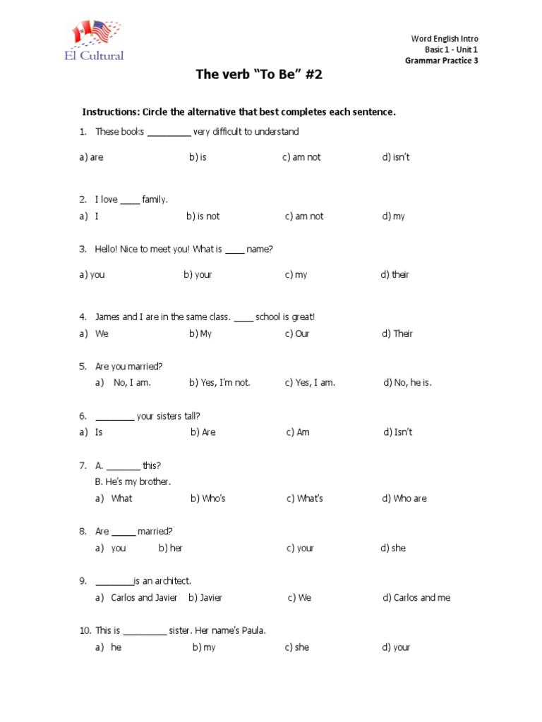Grammar Practice: Verb "To Be" | PDF