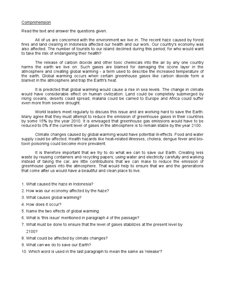 Comprehension 1 | PDF | Global Warming | Greenhouse Effect