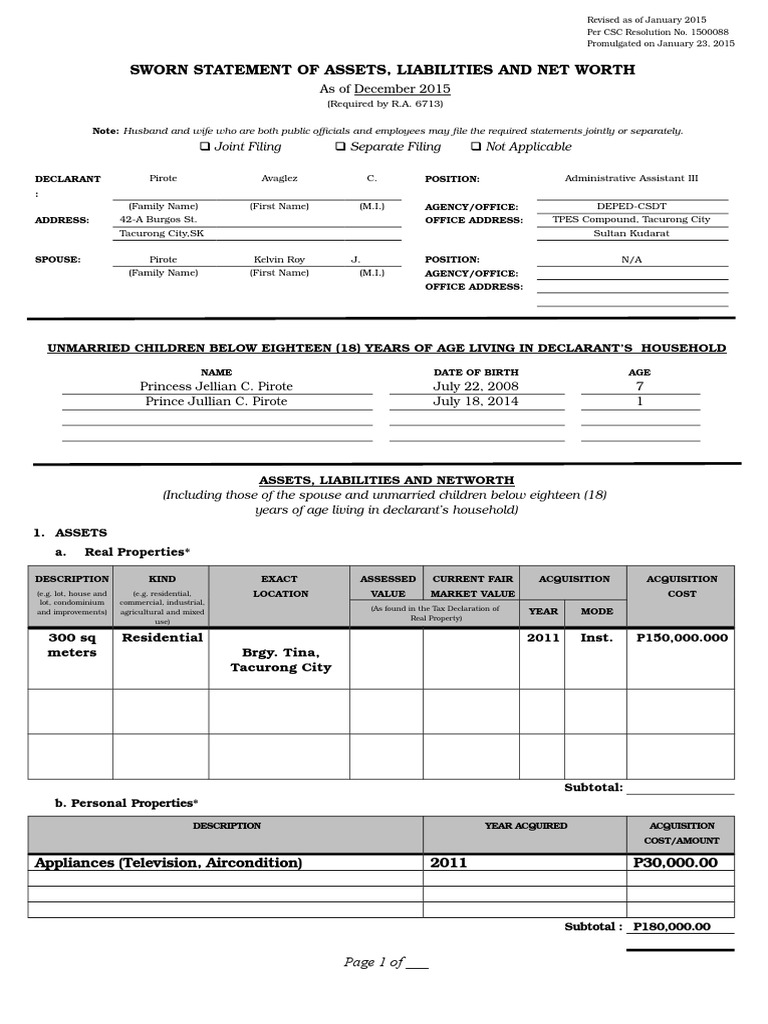 2015 Saln Form | Social Institutions | Society