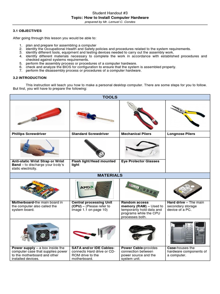 Student Handout 3 How to Assemble and Disassemble PC | Bios | Booting