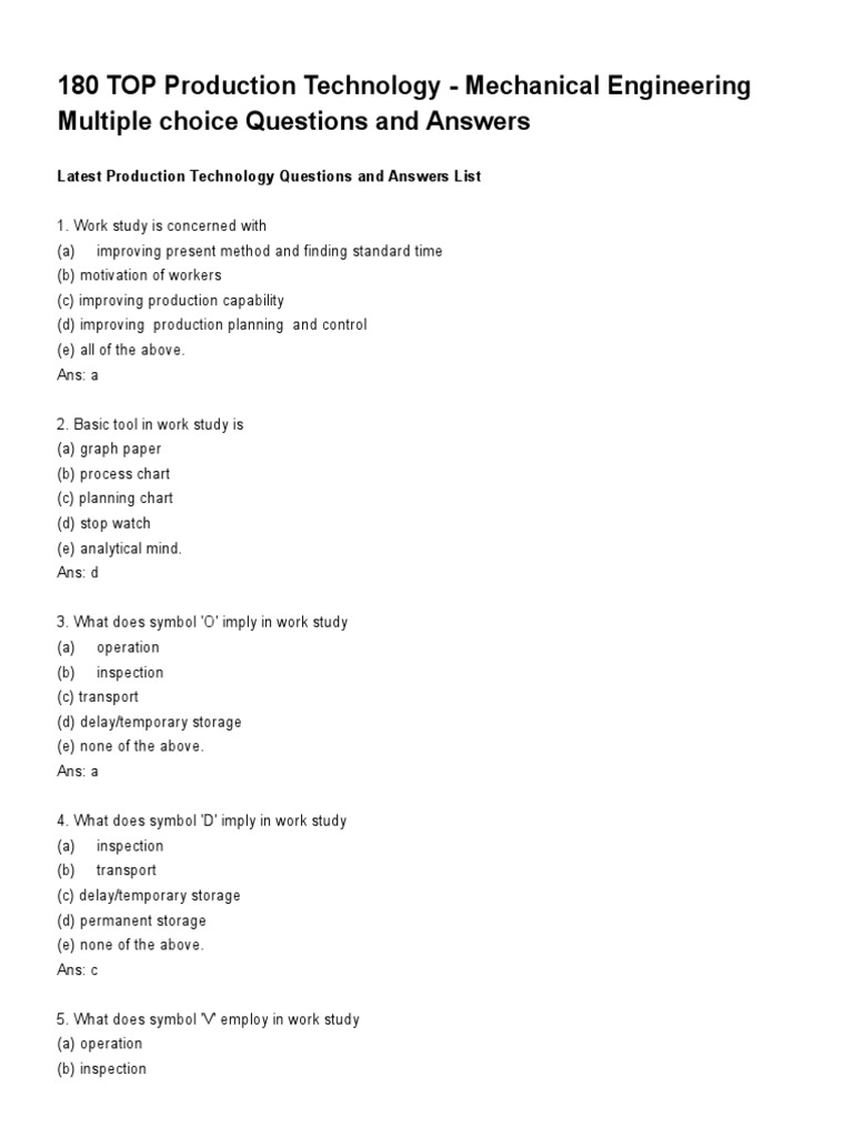 180 TOP Production Technology - Mechanical Engineering Multiple Choice ...