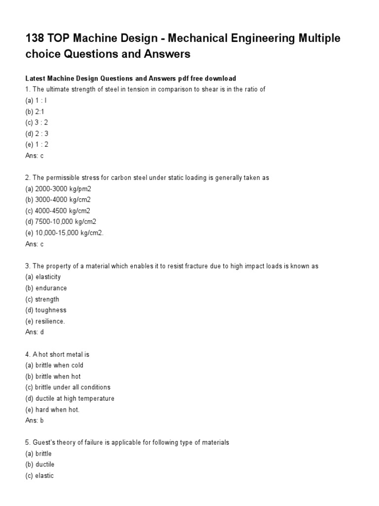138 TOP Machine Design - Mechanical Engineering Multiple Choice ...