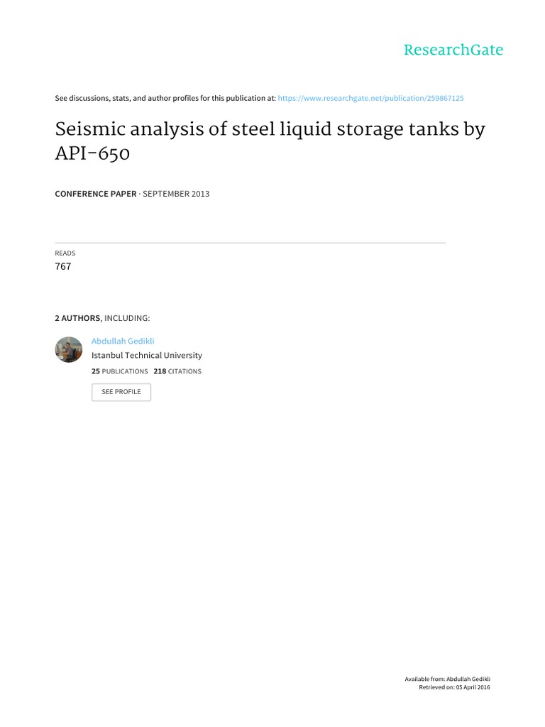 Seismic Analysis of Steel Liquid Storage Tanks by API-650 | PDF ...
