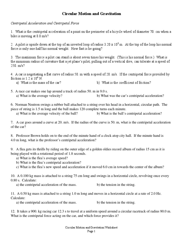 Centripetal Acceleration Worksheet | PDF