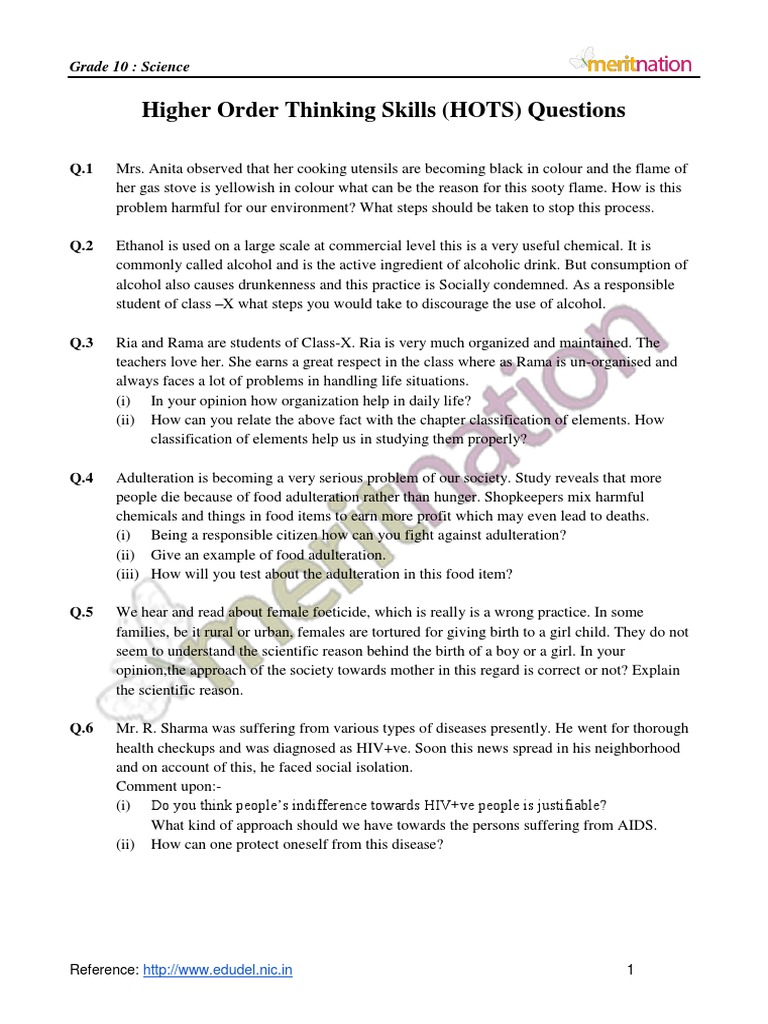 Higher Order Thinking Skills (HOTS) Questions: Grade 10: Science | PDF ...