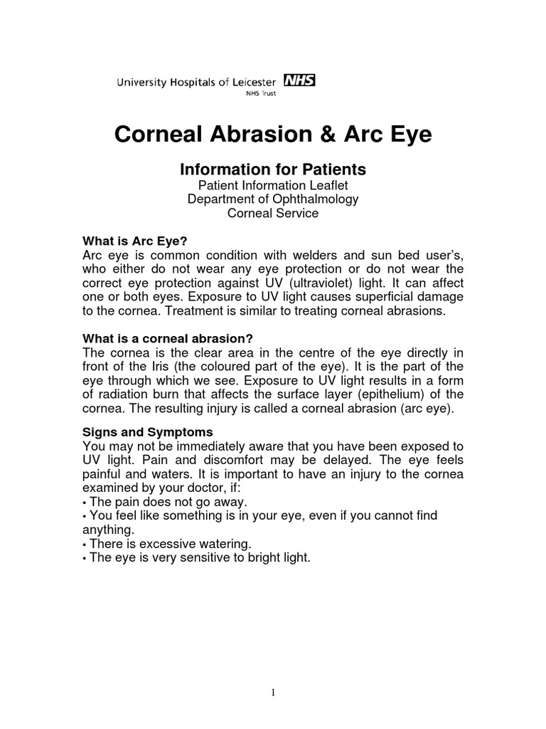 Corneal Abrasion & Arc Eye: Information For Patients | PDF | Cornea ...